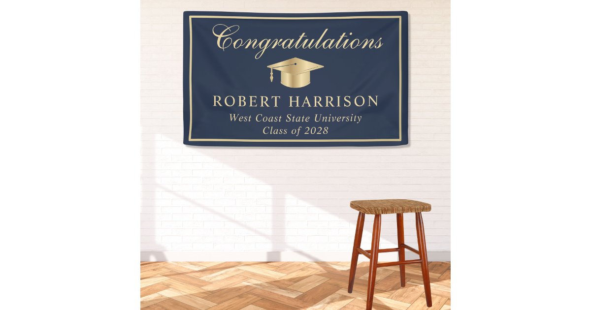 Classic Grad Cap Blue Gold Graduation Welcome Banner | Zazzle