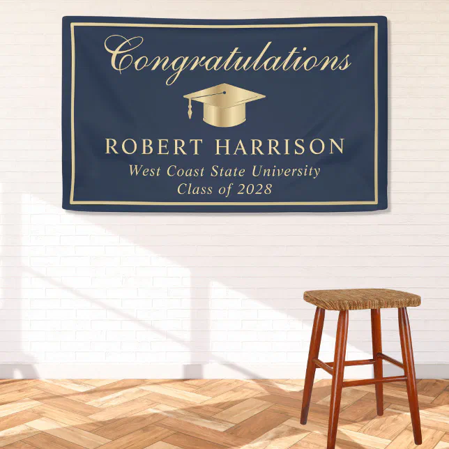 Classic Grad Cap Blue Gold Graduation Welcome Banner | Zazzle