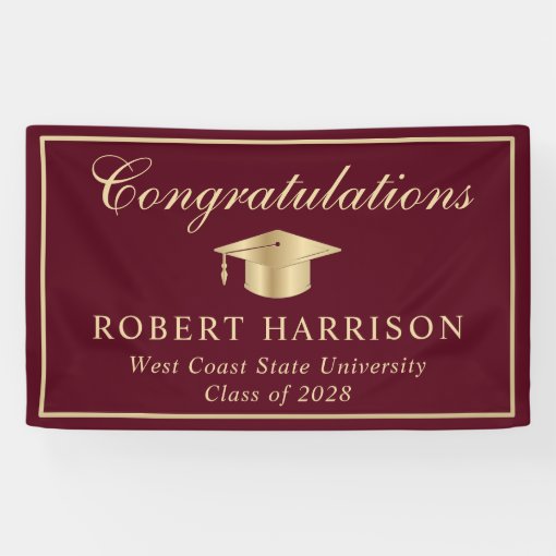 Classic Grad Cap Burgundy Gold Graduation Welcome Banner | Zazzle