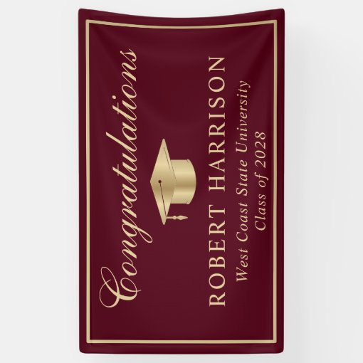 Classic Grad Cap Burgundy Gold Graduation Welcome Banner | Zazzle