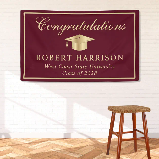 Classic Grad Cap Burgundy Gold Graduation Welcome Banner | Zazzle
