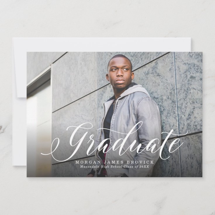 Classic graduate script horizontal navy graduation announcement | Zazzle