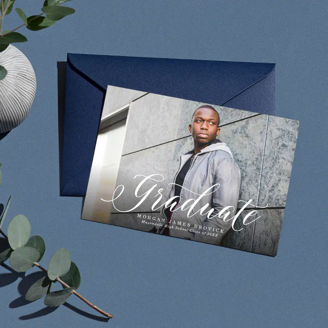 Classic graduate script horizontal navy graduation announcement | Zazzle