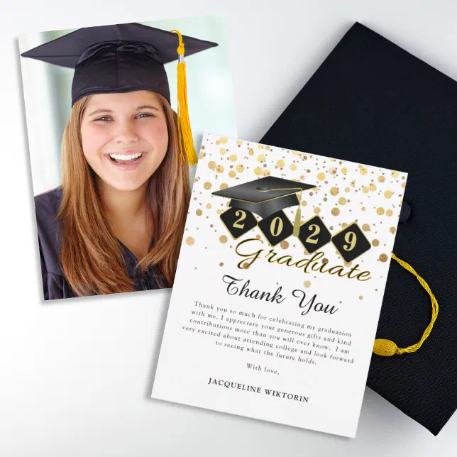 Classic Graduation Cap Black Gold Photo Thank You Card | Zazzle