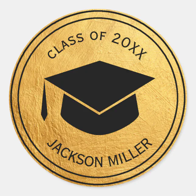 Classic Graduation Cap Personalized GOLD Classic Round Sticker | Zazzle