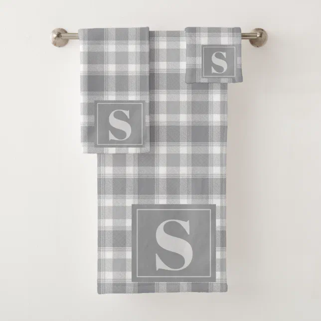 Classic Gray Farmhouse Buffalo Plaid Monogram Bath Towel Set | Zazzle