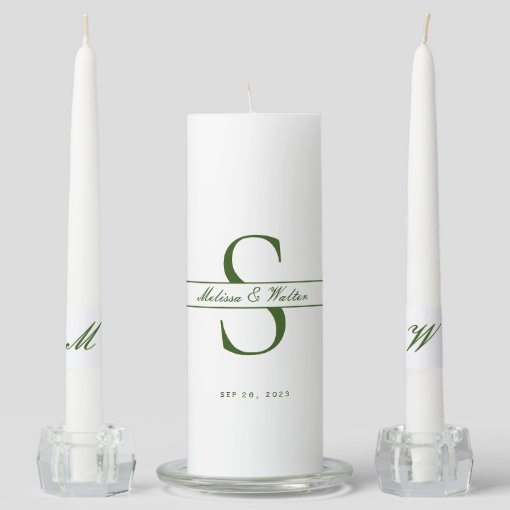 Classic Green and White Wedding Monogram Ceremony Unity Candle Set | Zazzle