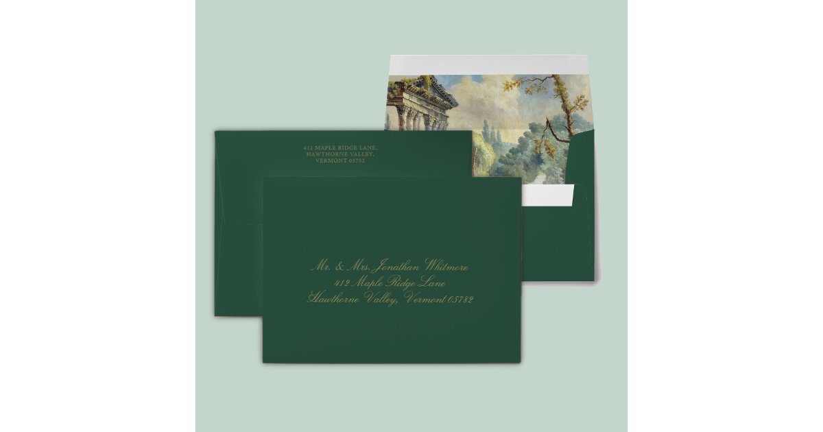 Classic Green Calligraphy Baroque Art Wedding Envelope | Zazzle