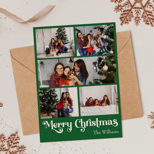 Classic Green Merry Christmas Vertical Five Photo Holiday Card | Zazzle