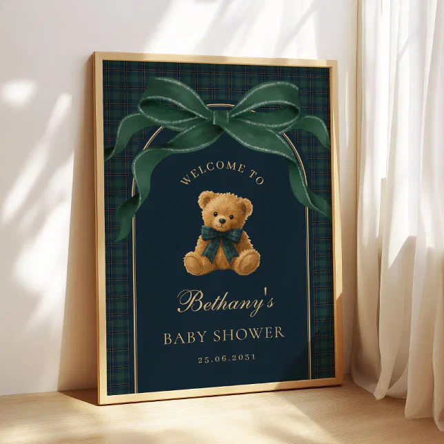 Classic Green Plaid Teddy Bear Baby Shower Welcome Poster | Zazzle