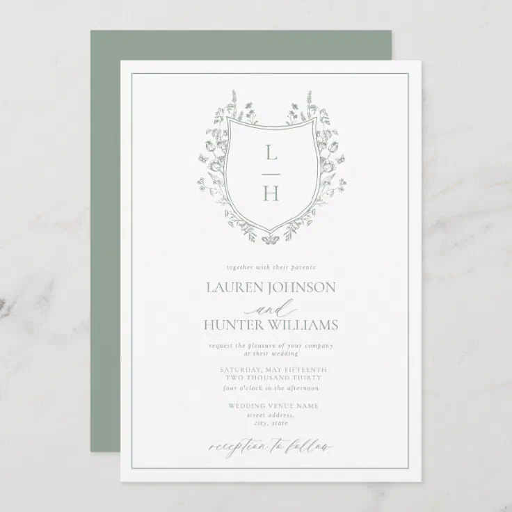 Classic Green Wildflower Monogram Crest Wedding Invitation | Zazzle