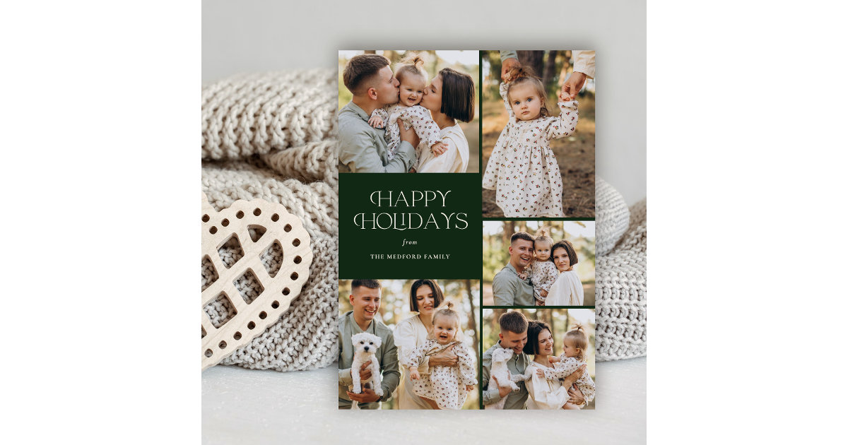 Classic Happy Holidays Five Photo Floral Back Holiday Card | Zazzle