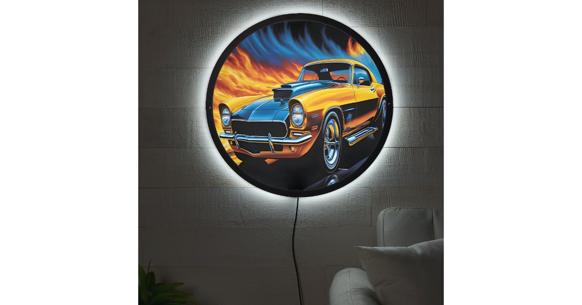 Classic hotrod with flames on a dynamic highway LED sign | Zazzle