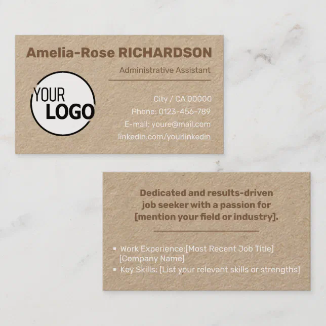 Classic Job Seeker Logo Template Brown Kraft Paper Business Card | Zazzle