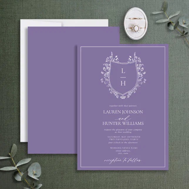 Classic Lavender Wildflower Monogram Crest Wedding Invitation | Zazzle