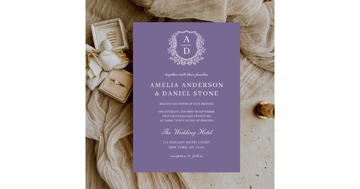 Classic Lavender Wildflower Monogram Crest Wedding Invitation | Zazzle