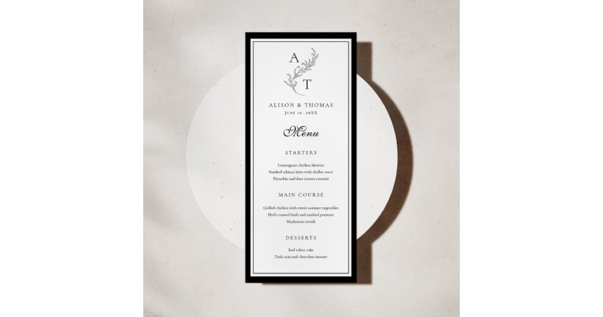 Classic Leaf Monogram Wedding Flat Menu Card | Zazzle
