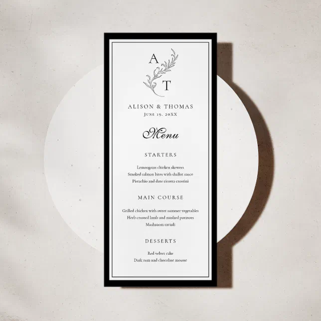 Classic Leaf Monogram Wedding Flat Menu Card | Zazzle