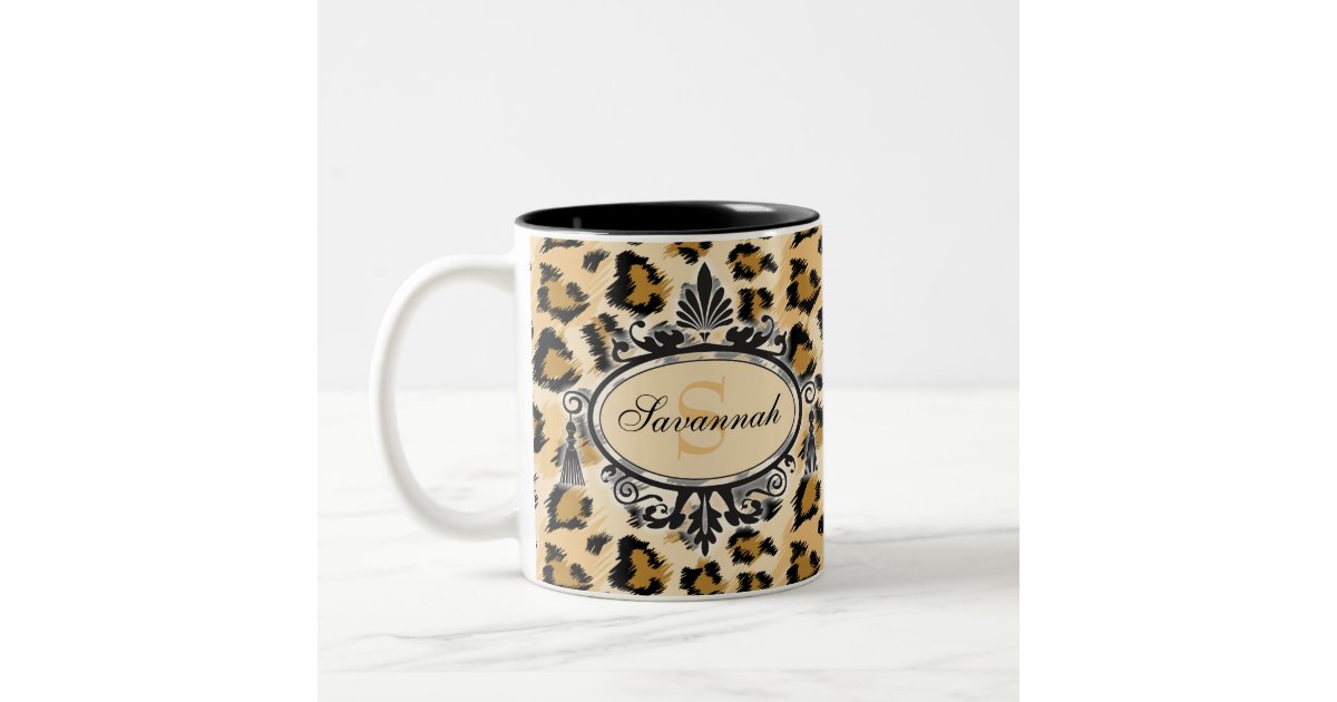 Classic Leopard Pattern Custom Name & Monogram Two-Tone Coffee Mug | Zazzle