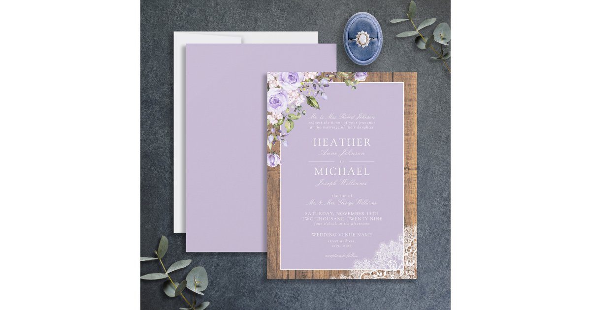 Classic Lilac Lavender Rustic Wood Lace Wedding Invitation | Zazzle