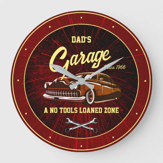 Classic Low Rider Car Garage Name Slogan Black Large Clock | Zazzle