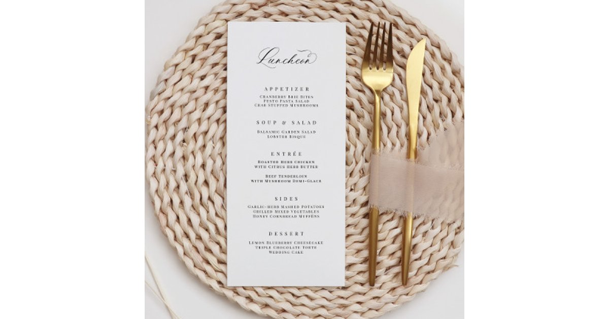 Classic Luncheon Menu Wedding Reception Meal Card | Zazzle