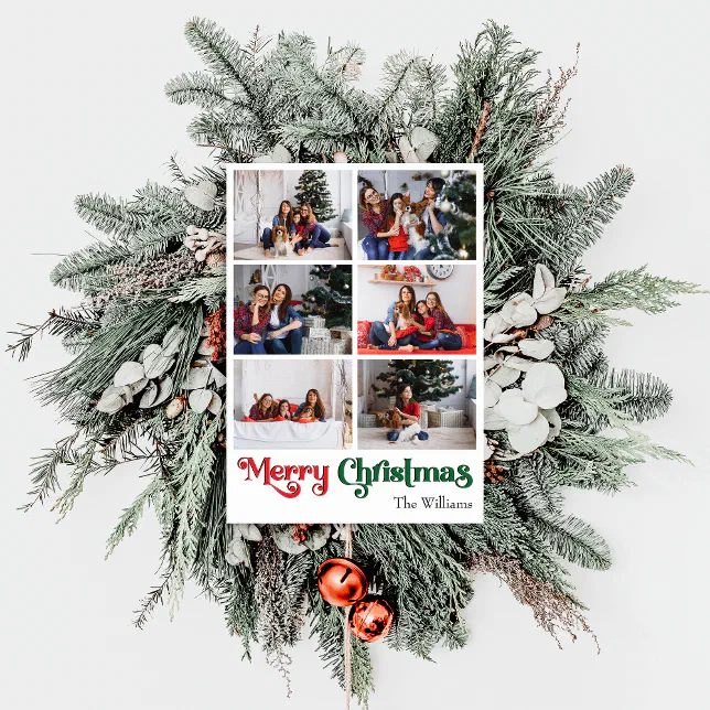 Classic Merry Christmas Vertical Six Photo Holiday Card | Zazzle