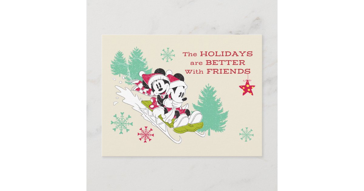 Classic Mickey and Minnie | Snow Sledding Postcard | Zazzle
