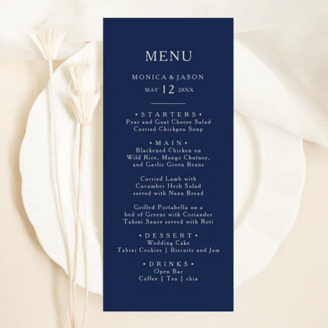 Classic Minimal Navy Blue | Silver Wedding Dinner Menu | Zazzle