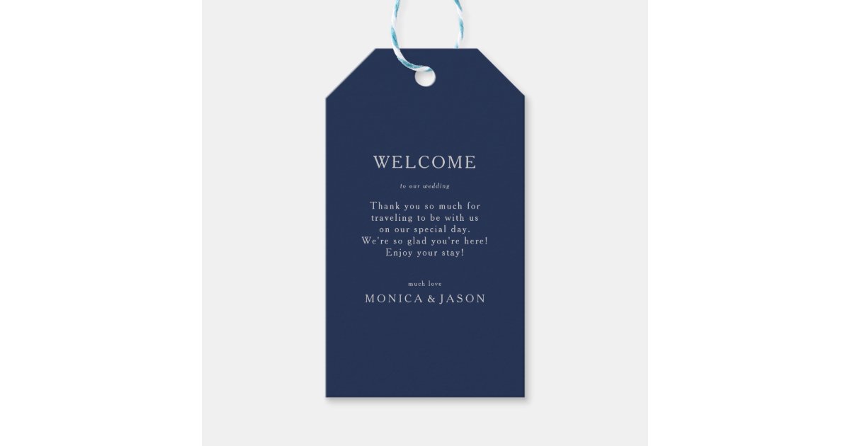 Classic Minimal Navy Blue Silver Wedding Welcome Gift Tags | Zazzle