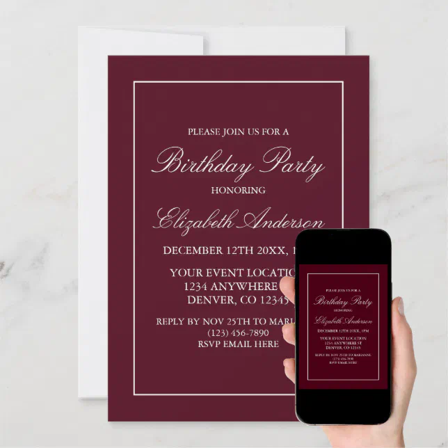 Classic Minimalist Burgundy Birthday Invitation | Zazzle