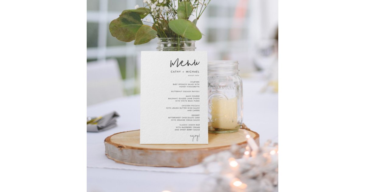 Classic Minimalist Script Black & White Paper Menu | Zazzle