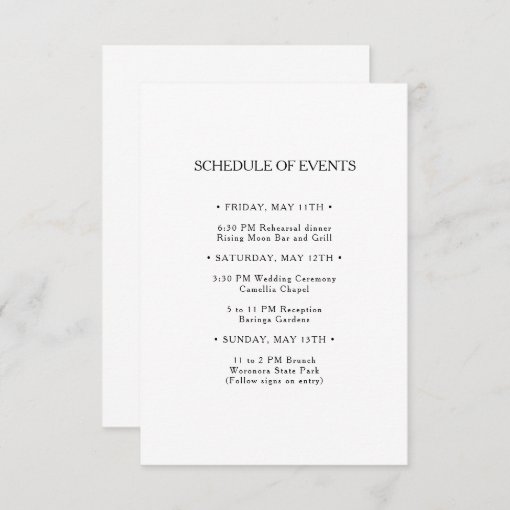 Classic Minimalist Wedding Schedule of Events Card | Zazzle