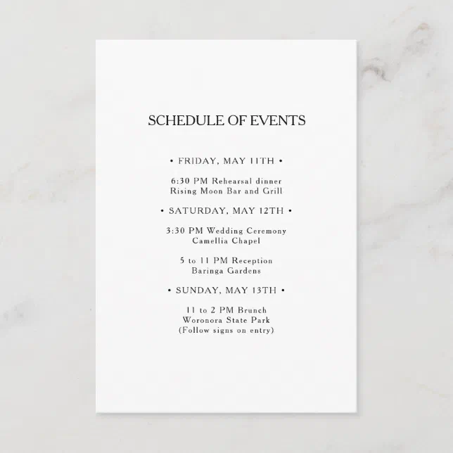 Classic Minimalist Wedding Schedule of Events Card | Zazzle