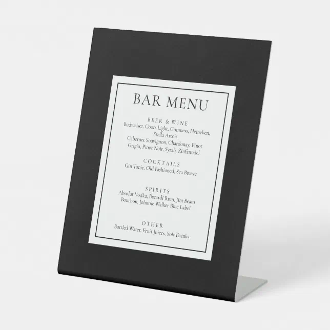 Classic Modern Black And White Bar Menu Pedestal Sign | Zazzle