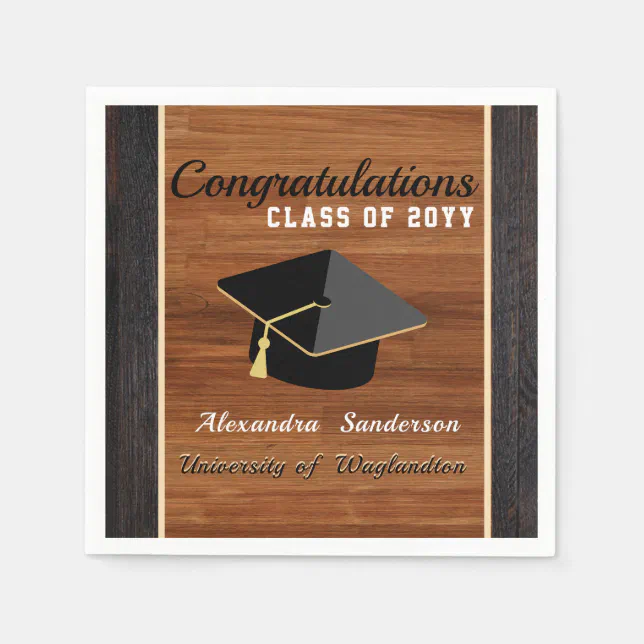 Classic Modern Brown Wood Grain Graduation Cap Napkins | Zazzle