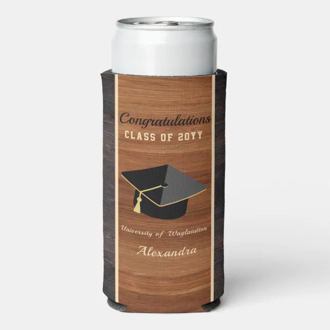 Classic Modern Brown Wood Grain Graduation cap Seltzer Can Cooler | Zazzle
