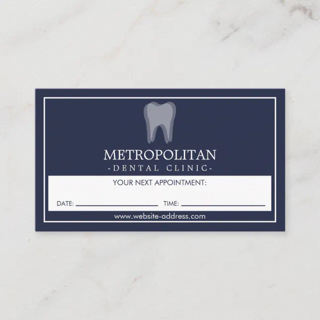 Classic Modern Dentist Tooth Logo Navy Appointment Business Card | Zazzle