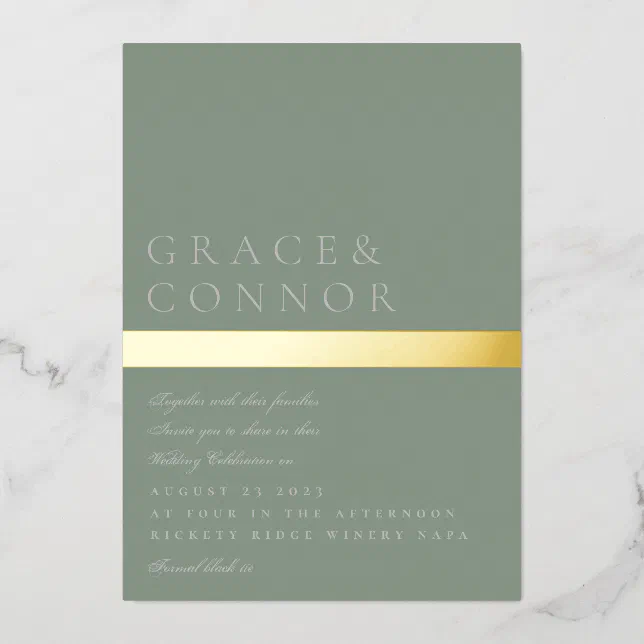 Classic Modern Moss Sage Green Gold Stripe Wedding Foil Invitation | Zazzle