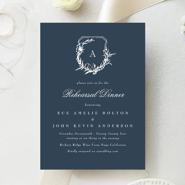 classic monogram crest navy blue rehearsal dinner invitation | Zazzle