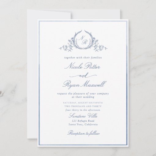 Classic Monogram Dusty Blue Watercolor Wedding Invitation | Zazzle