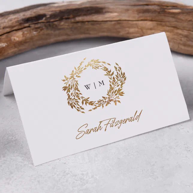 Classic Monogram Gold Crest Elegant Wedding Guest Place Card | Zazzle