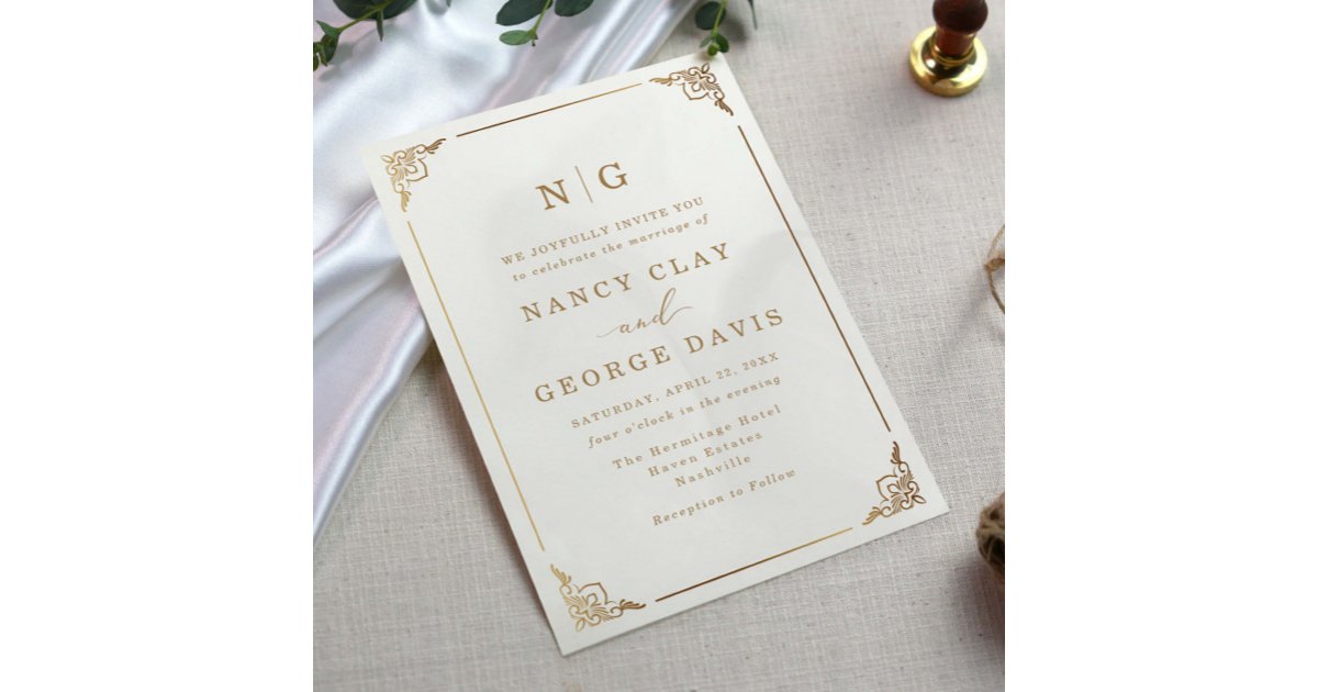 Classic Monogram Gold Ornate Frame Wedding Invitation | Zazzle