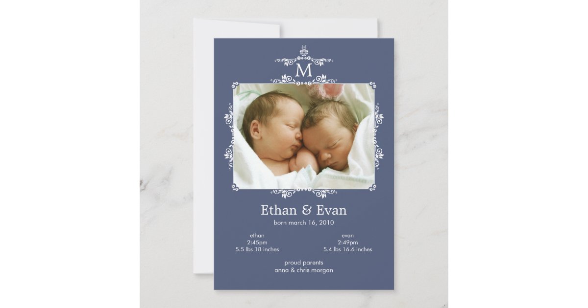 Classic Monogram Twins Photo Birth Announcement | Zazzle