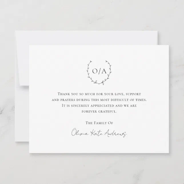 Classic Monogram Wreath Crest Elegant Funeral Thank You Card | Zazzle