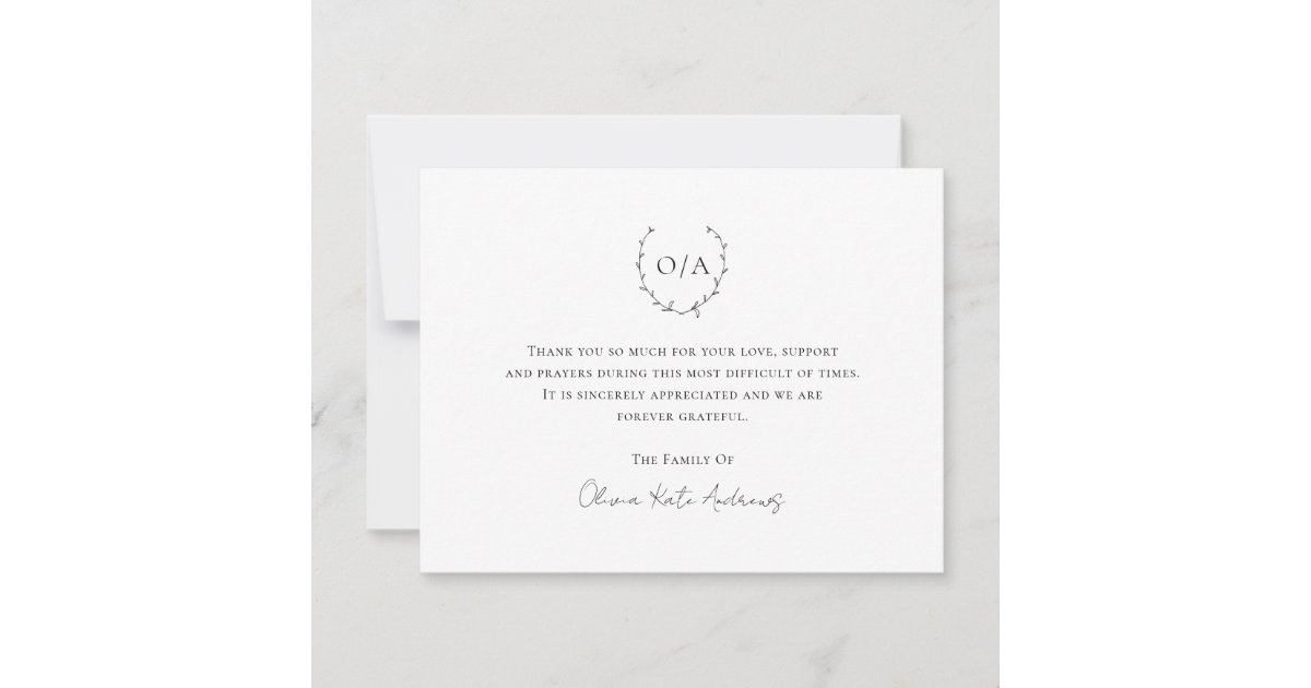 Classic Monogram Wreath Crest Elegant Funeral Thank You Card | Zazzle