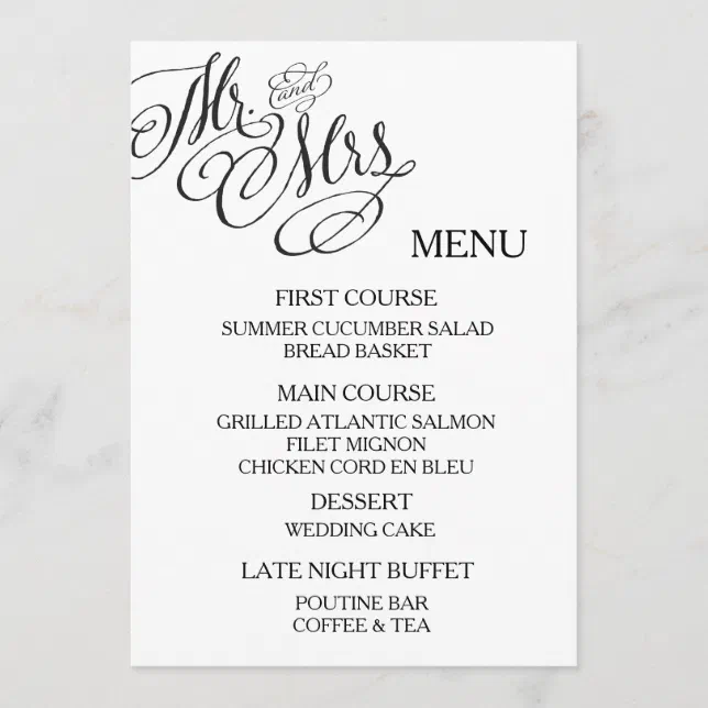 Classic Mr. & Mrs. Wedding Menu | Zazzle