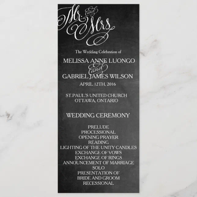 Classic Mr. & Mrs. Wedding Program Chalkboard | Zazzle