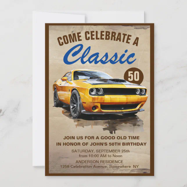 Classic Muscle Car Simple Fifty Birthday Invitation | Zazzle