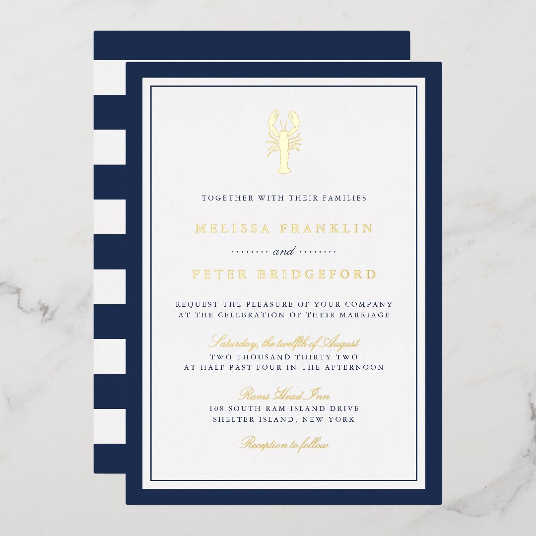 Classic Nautical Lobster Wedding Gold Foil Invitation | Zazzle